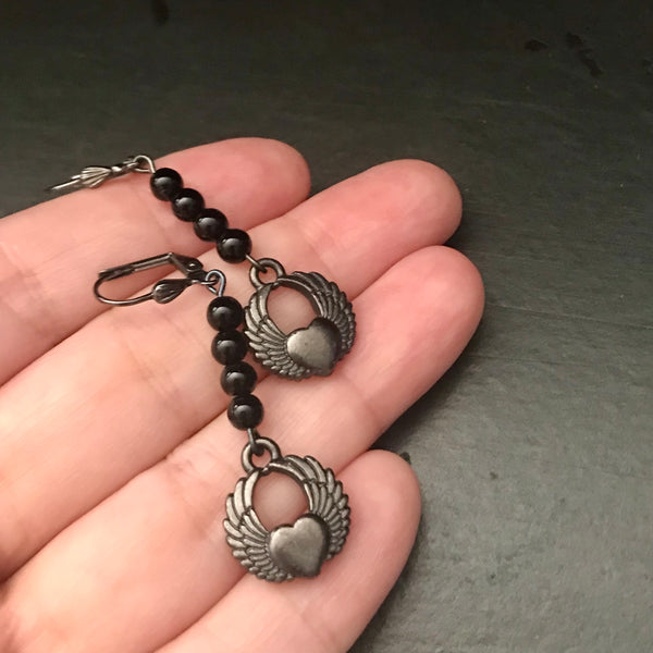 Winged Heart Black Statement Earrings With Lever Back Closure – CallunaMuse